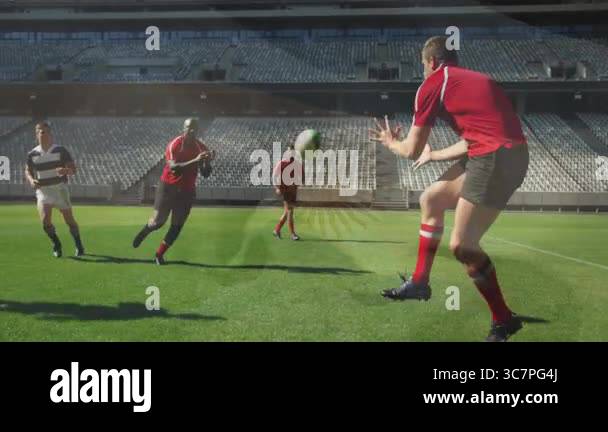 On field, rugby players tackling with stadium backdrop, creating ...