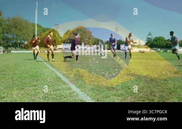 Rugby players running on field with Brazilian flag animation overlay ...