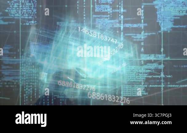 Animation of digital data and numbers floating over blue and black ...