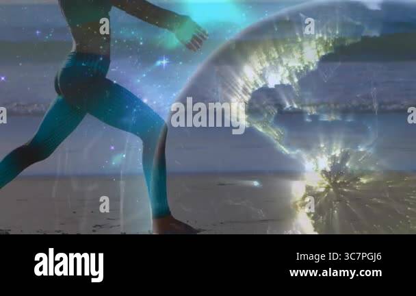 Yoga pose by ocean with cosmic animation overlaying celestial elements ...