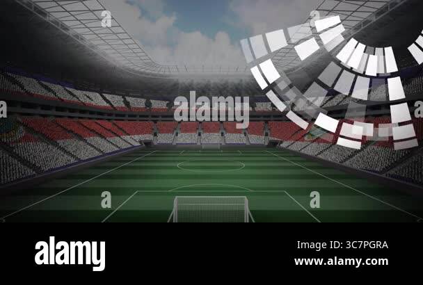 Stadium with digital circular pattern animation over empty soccer field ...