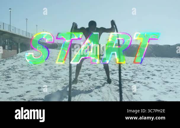 Running on sandy beach, person with colorful START animation overlay ...