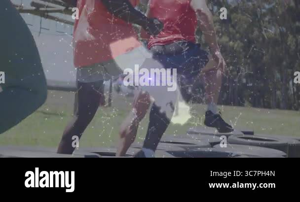 Running athletes with digital brain animation overlay in futuristic ...