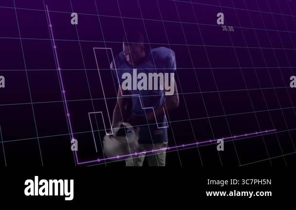 In uniform, football player standing over animation with purple ...