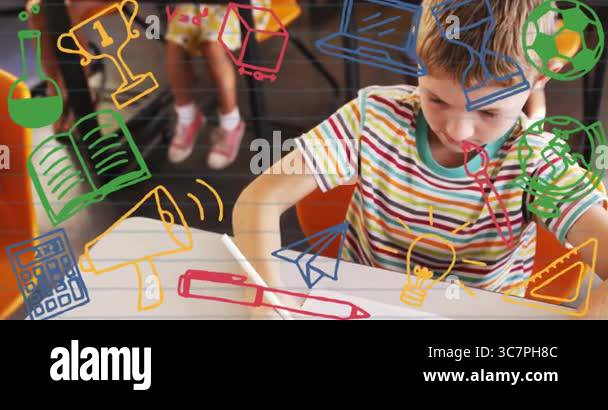 In school, child writing surrounded by colorful animation and ...