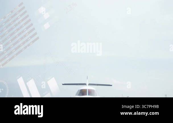 Private jet on runway with animation of data visualization overlay and ...
