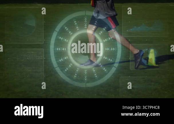 Soccer player on field with digital data and analytics overlay ...