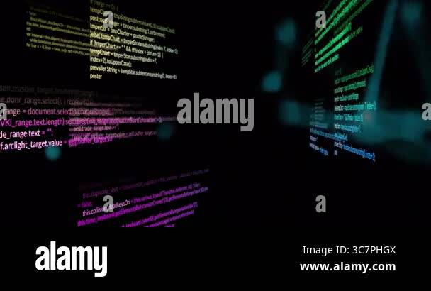 Programming code animation on dark screen, highlighting software development concepts ...