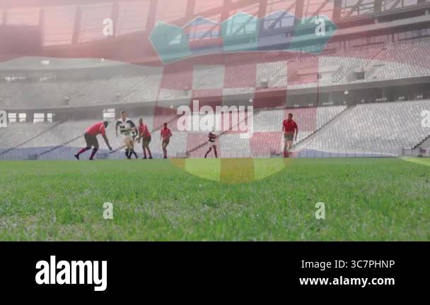 Rugby players running on field with stadium and flag animation overlay ...
