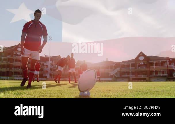 Kicking rugby ball on field, player with flag animation overlay in ...