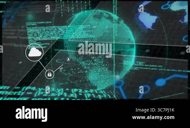 Digital network connections and data processing animation over globe and binary code. Technology ...