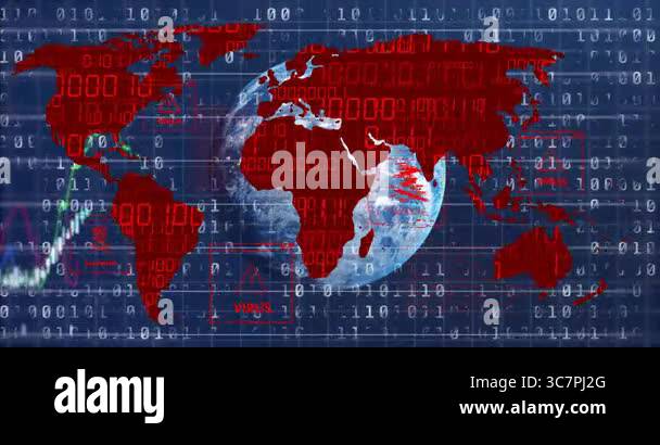 Digital security warnings and binary code animation overlaying world map. Cybersecurity, hacking ...