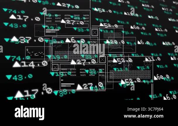 Animation of digital data and numbers floating over black background with shapes. Technology ...