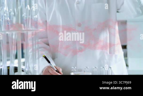 Scientist in lab coat working with red molecular structure animation ...