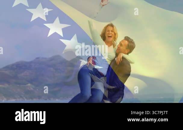 Smiling couple enjoying piggyback ride over Bosnia and Herzegovina flag animation. travel, flags ...
