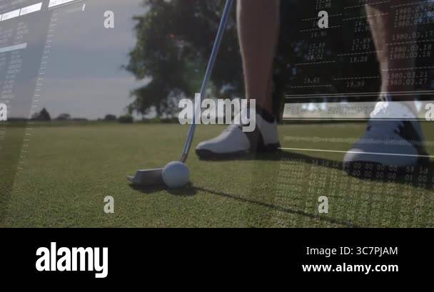 Preparing to putt, golfer with animation overlay of encryption data on ...