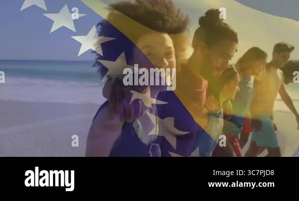 Friends walking on beach with flag animation overlay, enjoying seaside ...