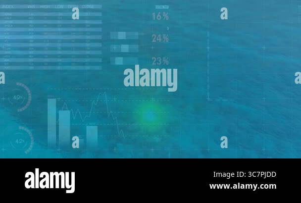 Creating animation with charts and graphs over ocean landscape background. data visualization ...