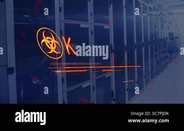 Biohazard symbol animation alerting in server room, indicating ...