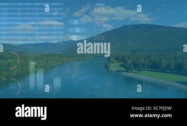 Data visualization animation over serene river landscape with mountains ...
