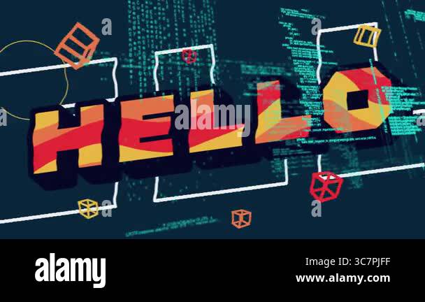 HELLO text in animation with geometric shapes over computer code ...