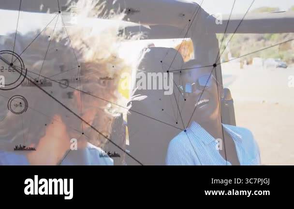 Two people in car laughing with data processing animation overlay ...