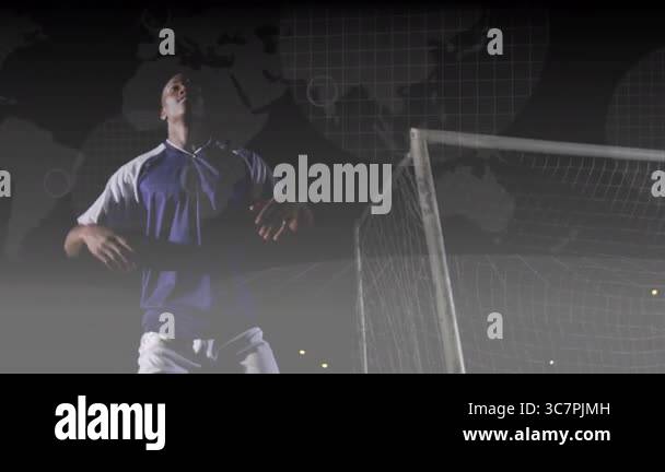Looking at world map animation, soccer player standing near goalpost ...