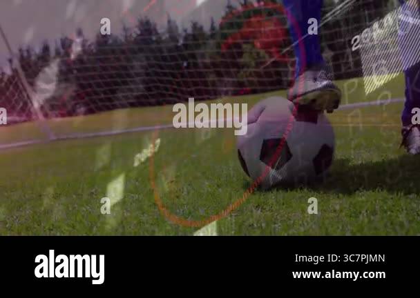 Soccer player kicking ball over digital animation with numbers and ...