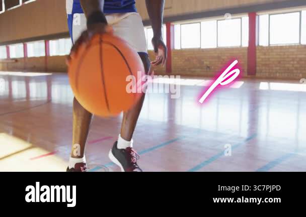 Dribbling basketball on court with animation text overlay Level Up ...