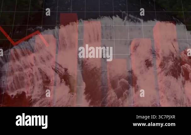 Red Graph Line And Bar Chart Animation Over Waterfall Background. Data