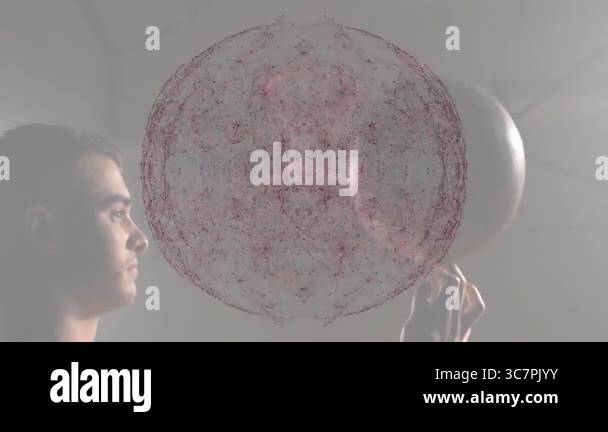 Interacting with complex animation, person studying red network pattern ...