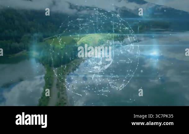 Digital network and data processing animation over scenic river ...