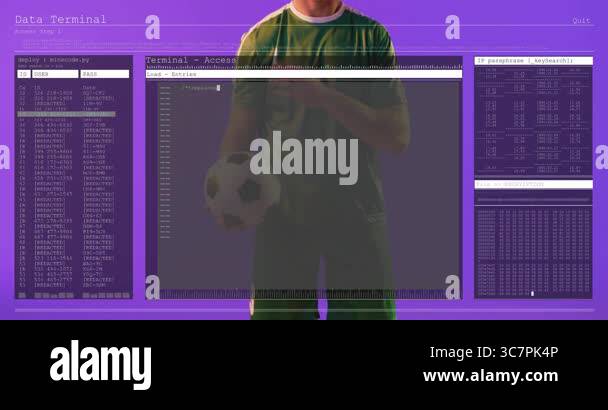 Using transparent code terminal, person standing on purple background ...