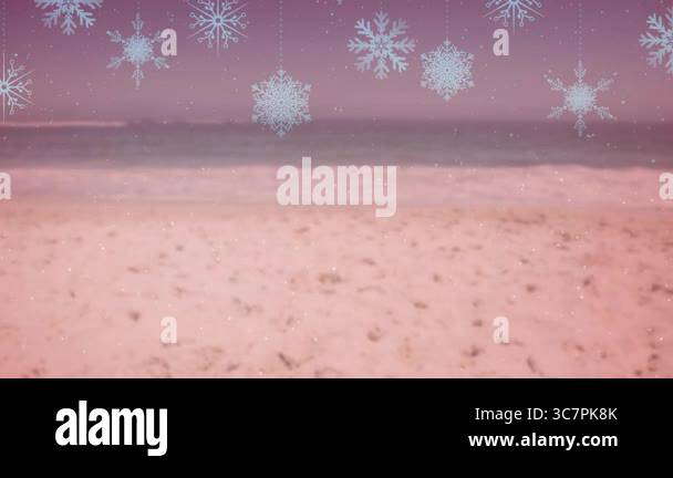 Snowflakes animation over sandy beach with gentle waves in background ...