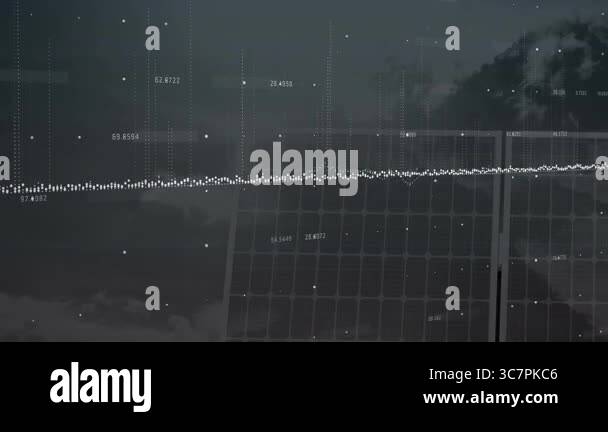 Animation of digital data visualization over solar panels under cloudy ...