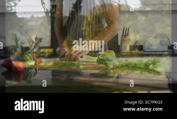 Chopping vegetables in kitchen, person seeing outdoor garden reflection on window. Cooking ...