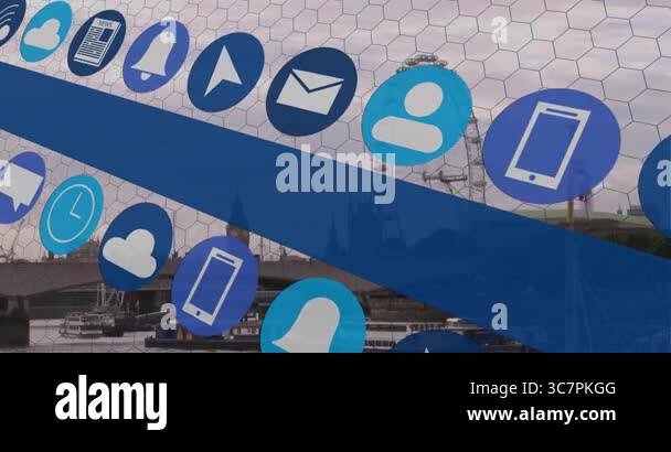 Animation of digital communication icons floating over cityscape with ...