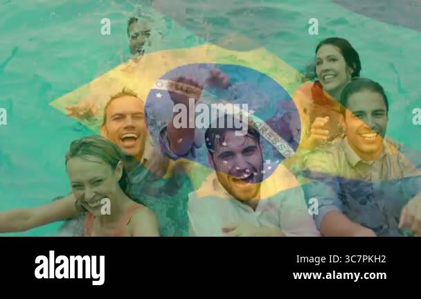 Swimming in water, friends with Brazil flag animation overlay, having ...