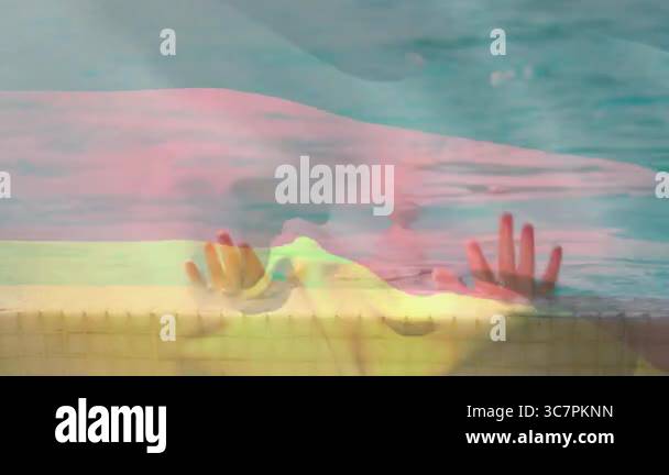 Swimming in pool, person with rainbow flag animation overlay ...