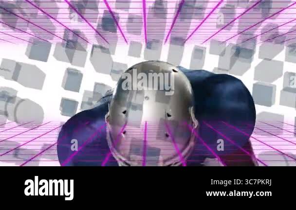 Football player in blue uniform with digital grid and cubes animation ...