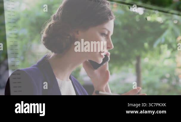 Thinking woman with binary code overlay, animation on outdoor greenery ...