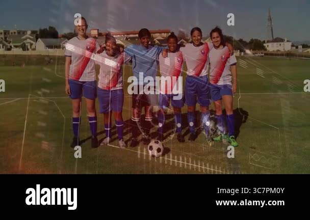Young soccer team posing on field with data processing animation ...
