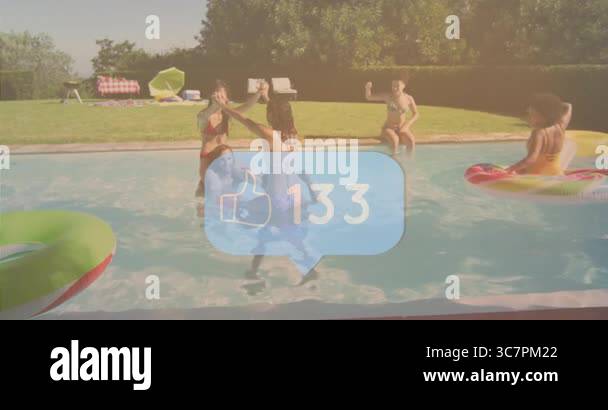Playing in pool, children with animation of social media like count ...