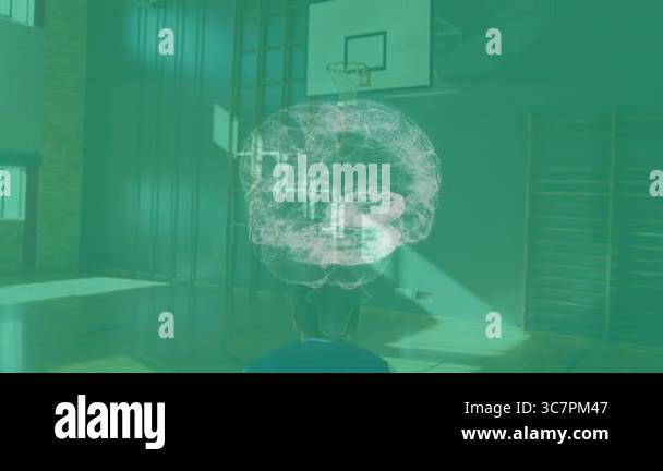 Aiming for hoop, basketball player with brain animation overlay in ...