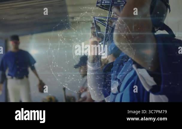 In dugout, baseball players interacting with digital network animation ...