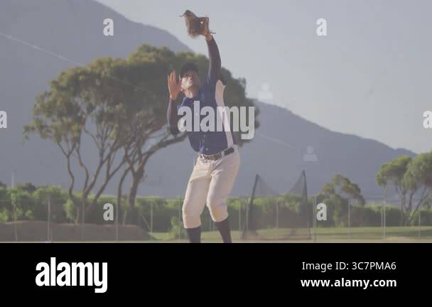 Baseball player pitching on field with network connections animation ...