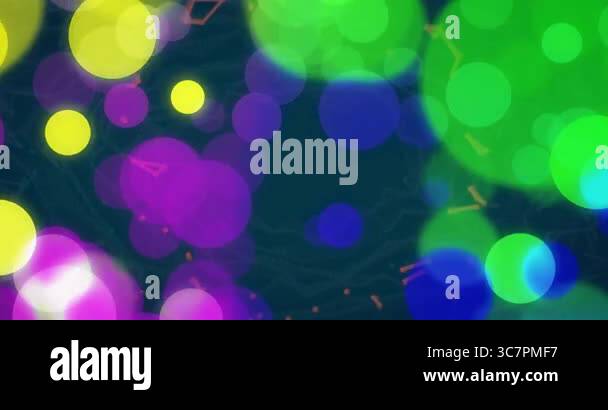 Animation of colorful bokeh lights overlapping network pattern on dark ...