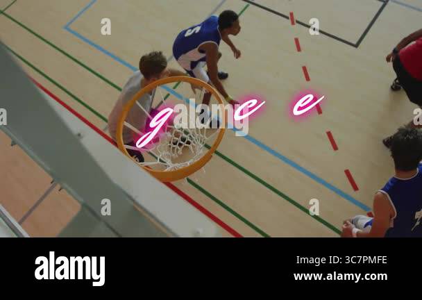 On court, basketball players with High Score animation text overlay in ...