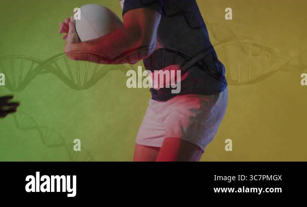 Rugby players in action with DNA strand animation overlay on yellow ...