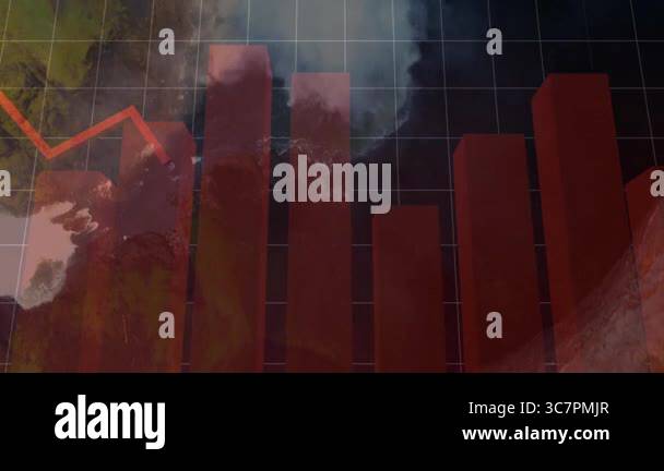 Animation Of Red Bar Graph And Line Chart Overlaid On Cloudy Sky